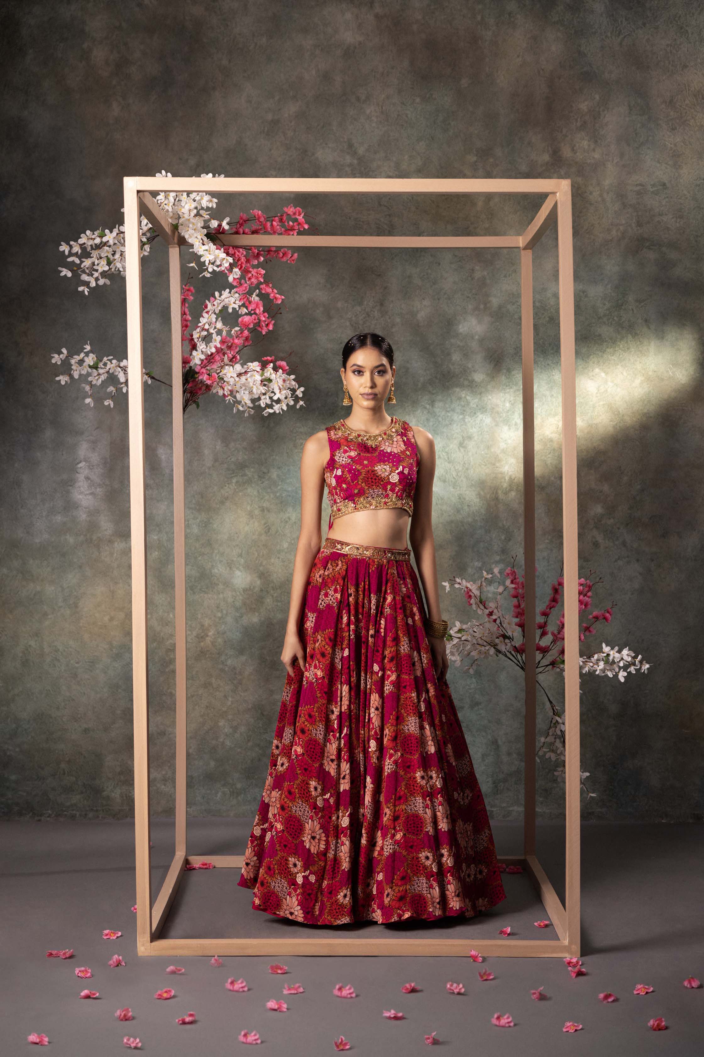 Pink Printed Backless Top And Lehenga Set With Embroidery – Mehak Murpana