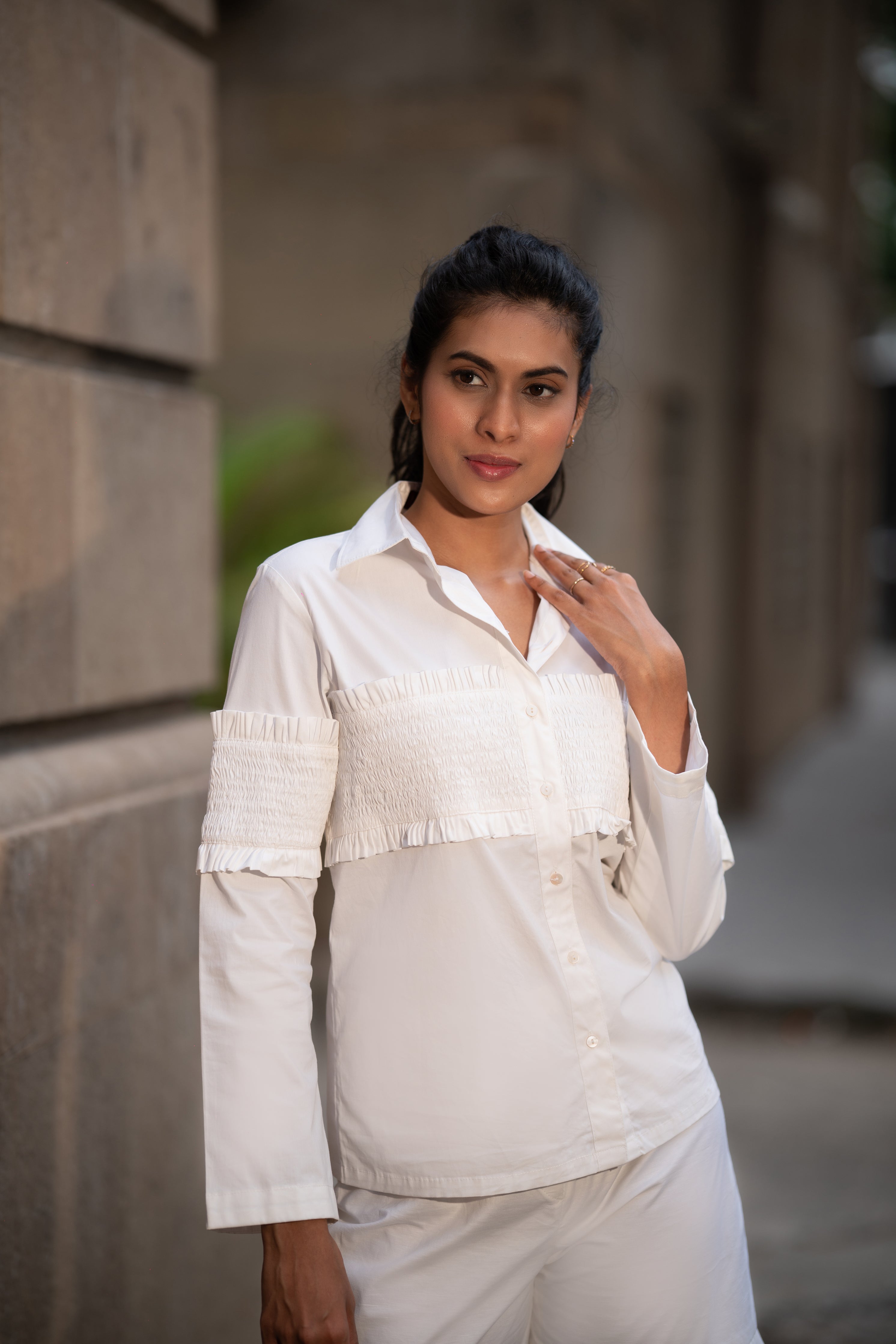 White Shirt With Elasticated Body | Mehak Murpana Label